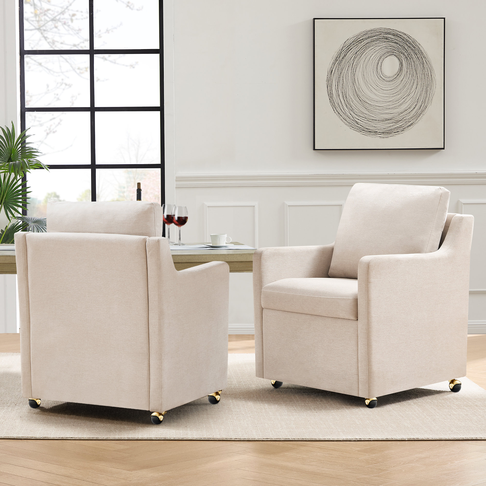 WYIDA 27" Wide Country Farmhouse Linen Upholstered Fabric Dining Chair With Casters & Reviews ...